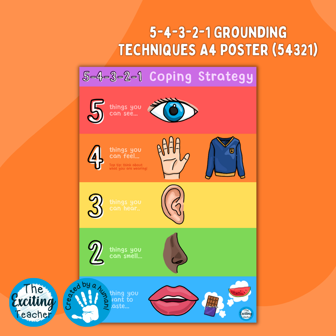 5-4-3-2-1 Coping Strategy/Grounding Technique Poster (54321) using 5 Senses – Exciting Teacher Hub